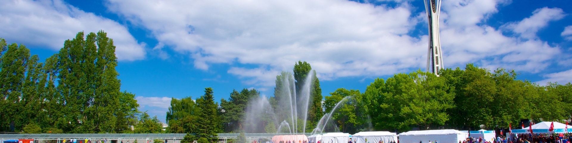 Seattle Center showing a fountain and a square or plaza as well as a large group of people