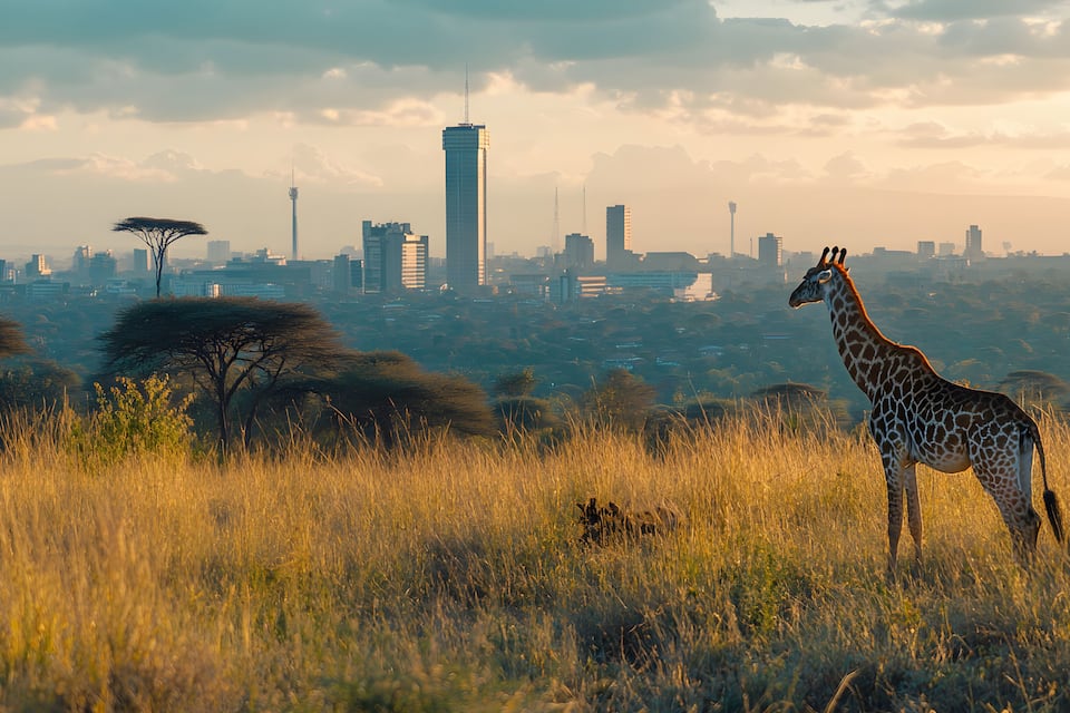 Uma girafa em um campo gramado com um horizonte urbano ao fundo.