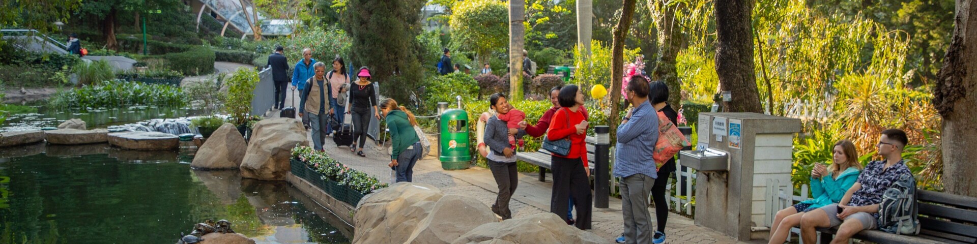 Hong Kong Park featuring a garden, marine life and a pond