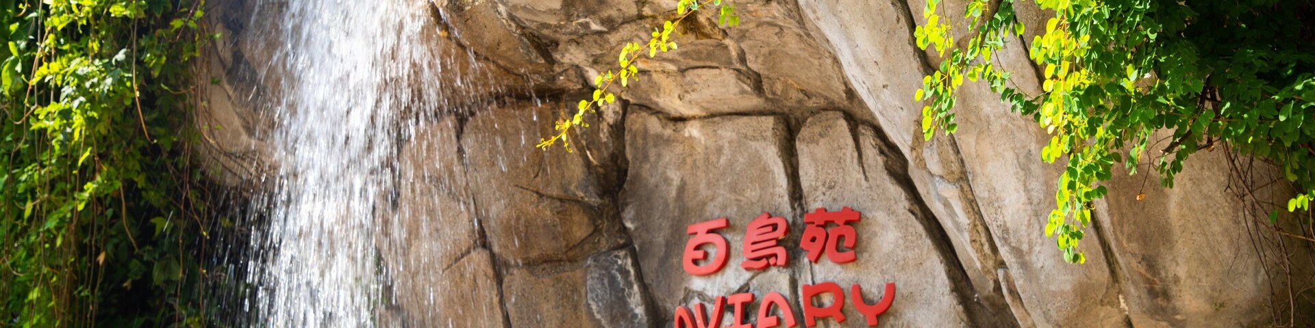 Uma cascata desce uma falésia rochosa com caracteres chineses na rocha.