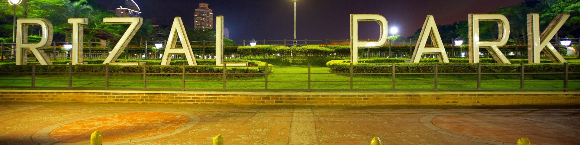 Rizal Park showing night scenes, a garden and signage