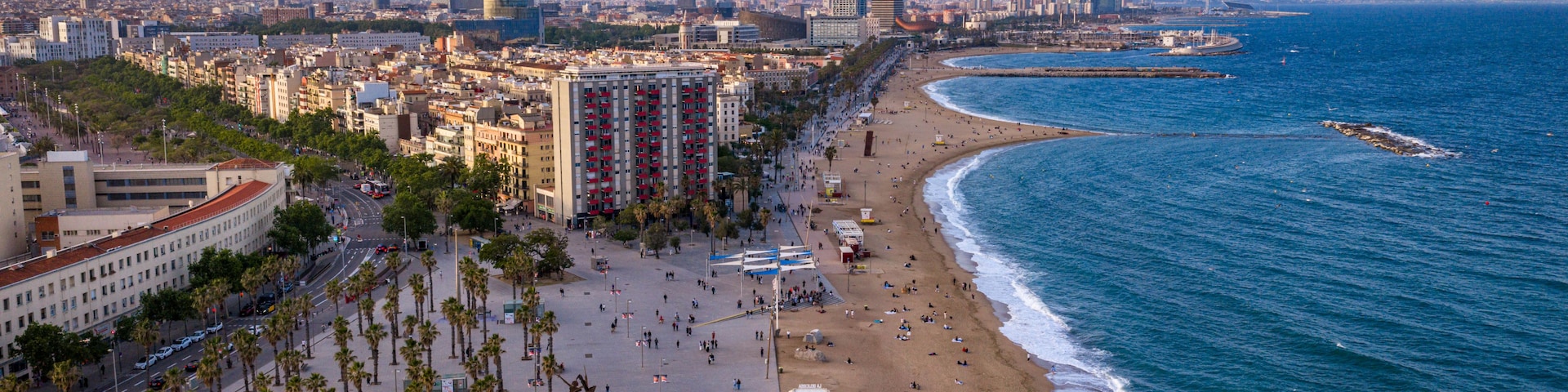 Paisagem costeira com praia, palmeiras e edifícios modernos.
