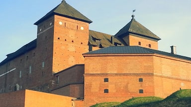 Um castelo de tijolos grande, com diversas torres e uma torre central imponente.