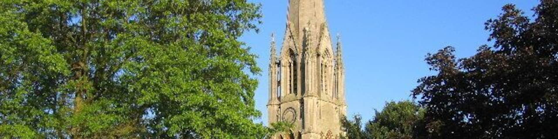 Sherbourne. All Saints Church, with its elegant spire, currently undergoing roof restoration work.