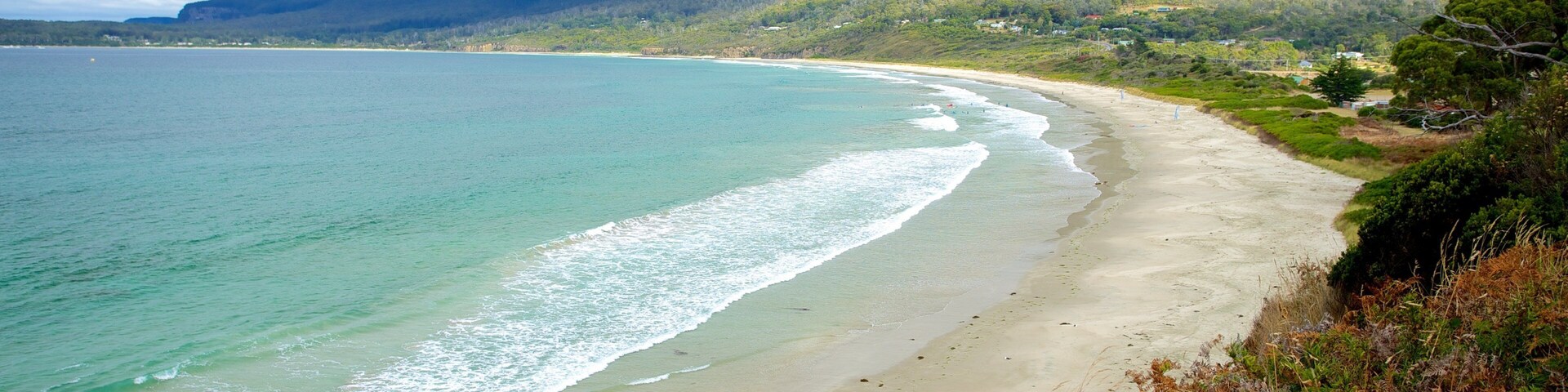Paisagem costeira com praia arenosa, águas azul-turquesa e colinas verdes ao fundo.