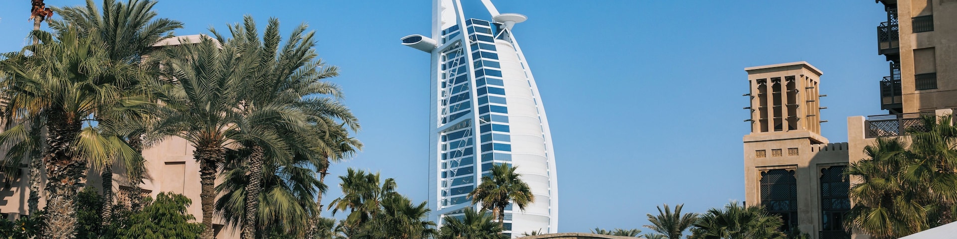 Uma palmeira, uma ponte de pedra, um corpo d'água e um edifício moderno com estrutura em forma de vela.