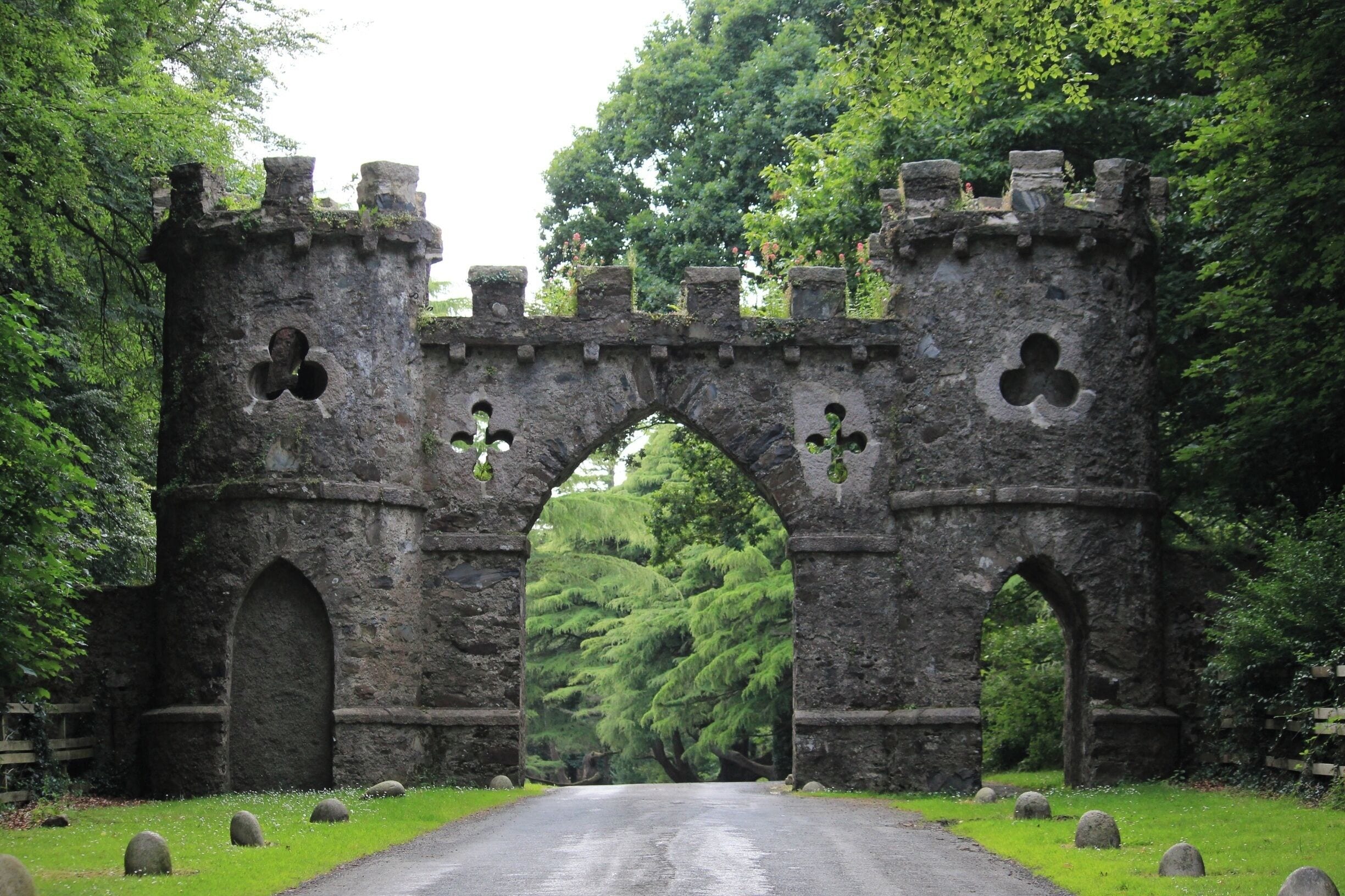 The enchanting gate with it's gothic style arches at Tollymore Forest Park, Northern Ireland.
