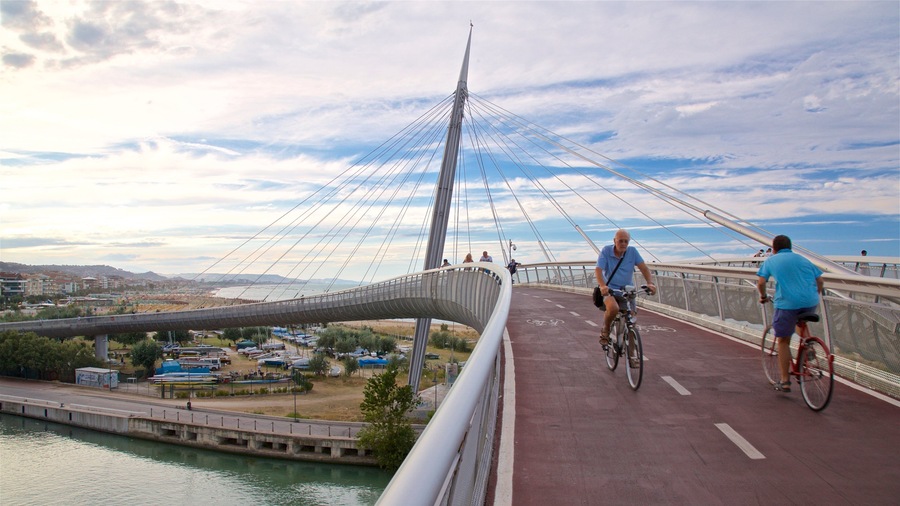 Uma ponte moderna estaiada com uma passarela curva marcante, ciclistas na ciclovia e um rio abaixo.