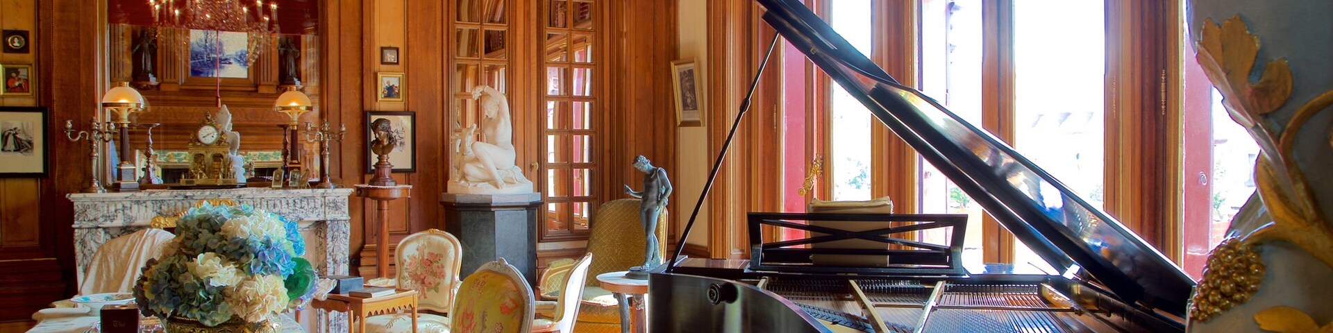 Um piano de cauda em um quarto ricamente decorado, com móveis elaborados e um grande candelabro.