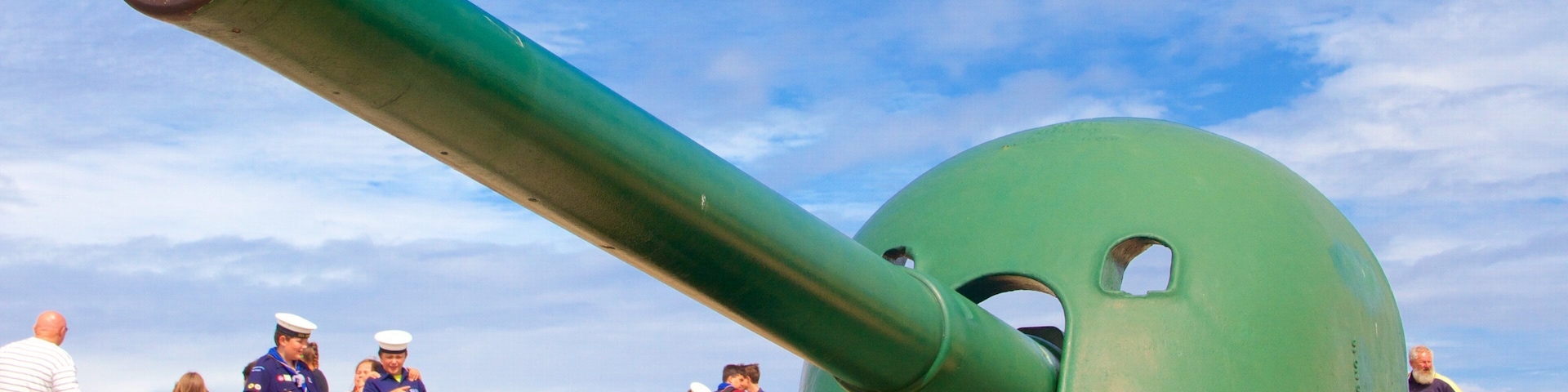 Um canhão verde grande numa praia arenosa, com pessoas ao redor.