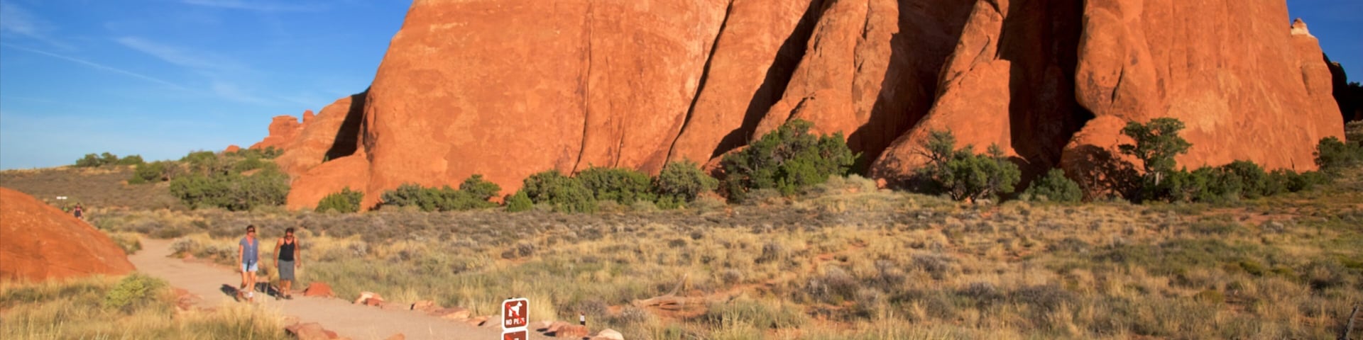 Sand Dune Arch which includes signage, a gorge or canyon and desert views