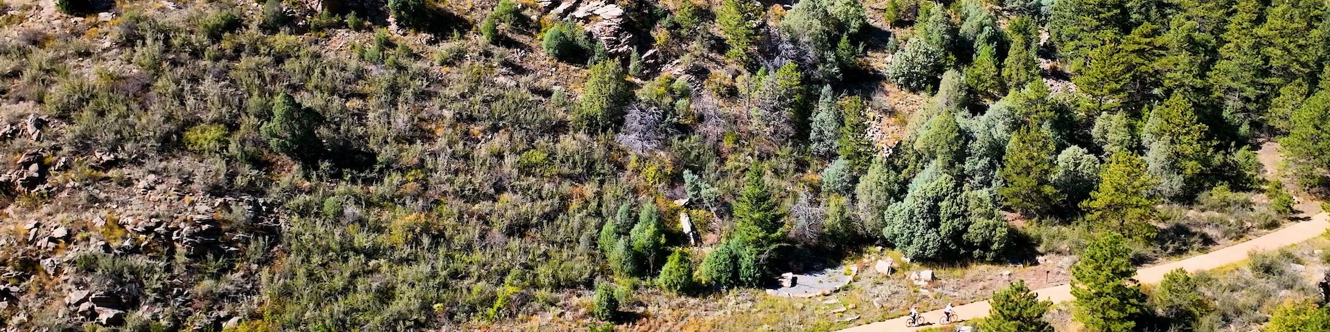 Paisagem montanhosa com florestas densas, terreno rochoso e uma trilha de terra.