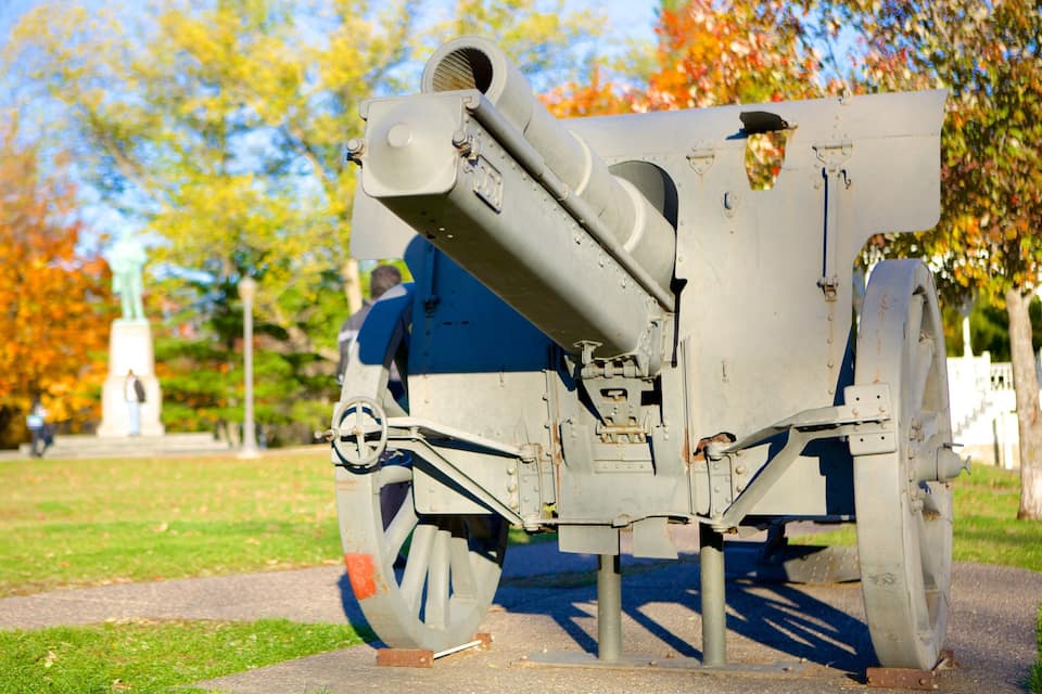 Um canhão militar num parque com árvores de outono e uma estátua ao fundo.
