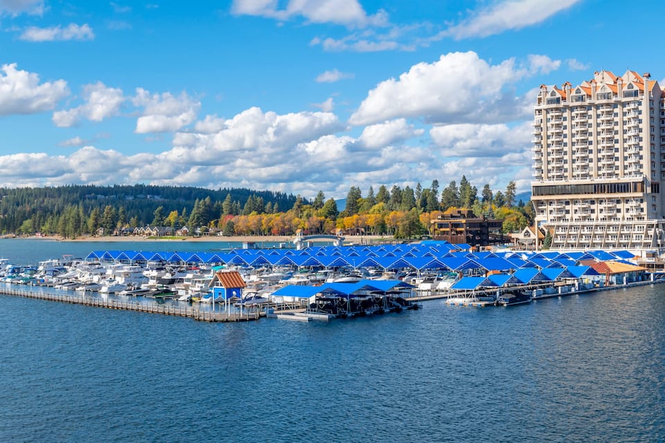 Uma marina com barcos, um edifício grande e uma encosta arborizada.