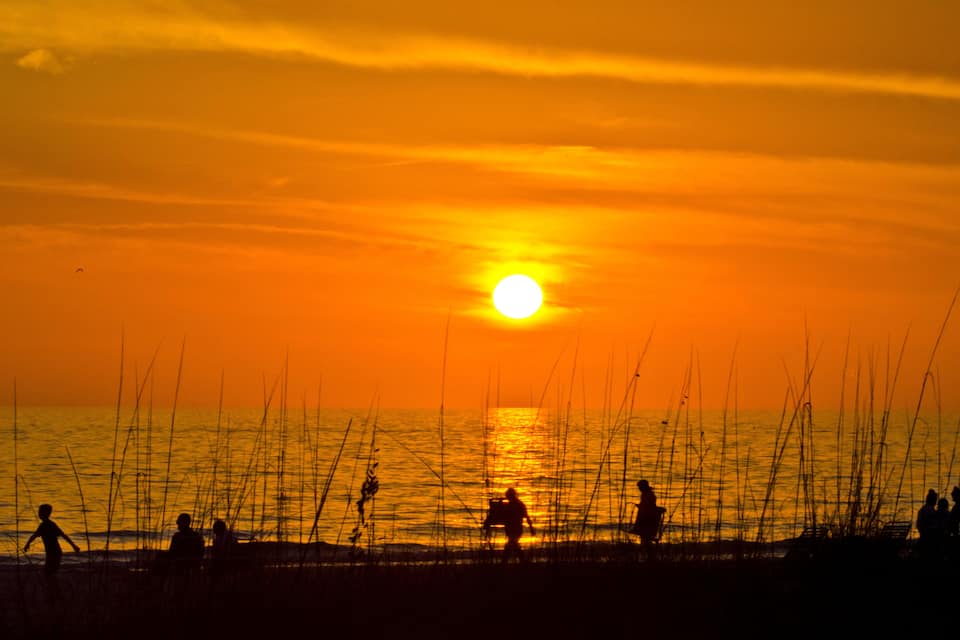 Pôr do sol sobre o oceano, com silhuetas de pessoas e gramíneas altas.