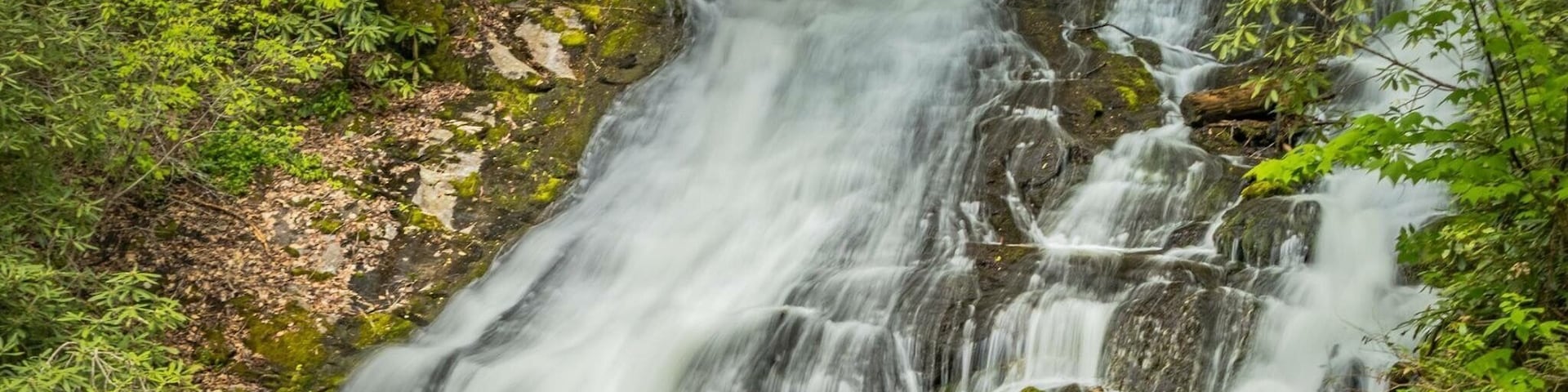 Uma cascata caindo sobre rochas em uma área arborizada.