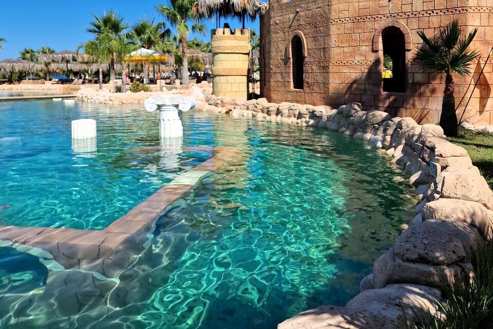 Piscina límpida com parede de pedra e palmeiras.