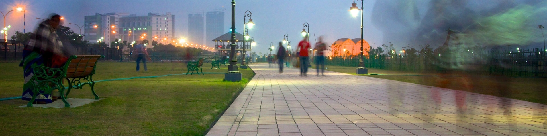 Calcutá caracterizando cenas noturnas, um parque e uma cidade