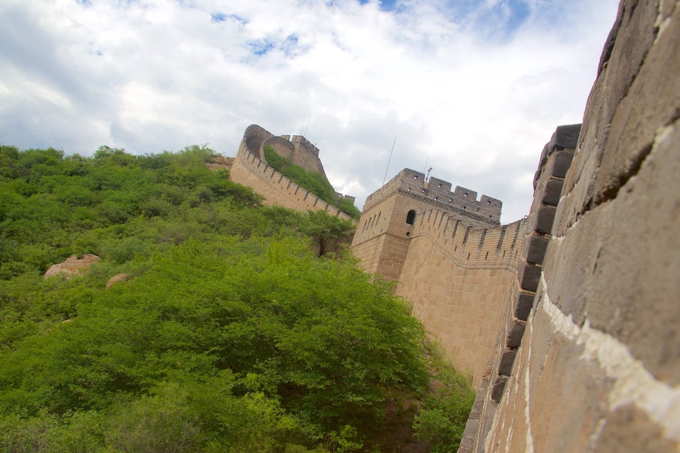 Trecho da Grande Muralha da China com vegetação verde exuberante e terreno rochoso.