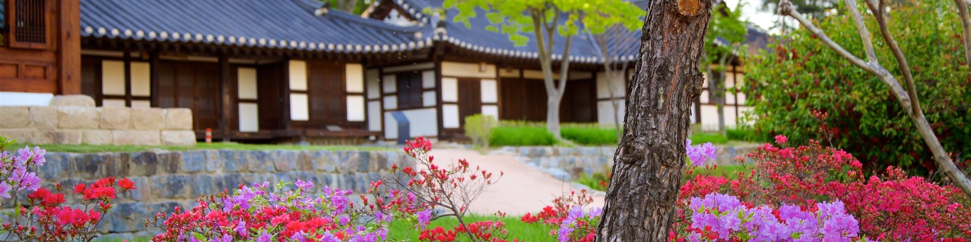 Um edifício tradicional coreano com telhado telhado, rodeado por azáleas vibrantes.