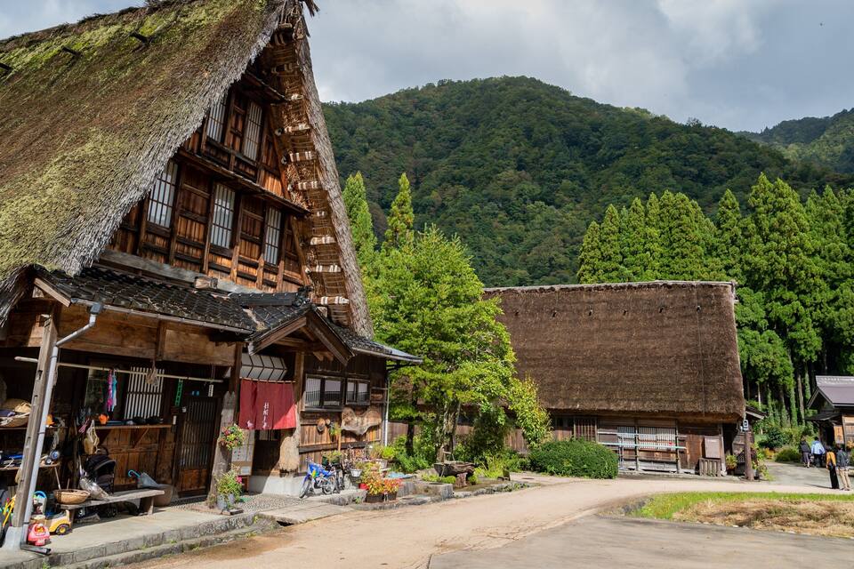 Uma casa de madeira tradicional com telhado de palha, rodeada por vegetação exuberante e montanhas ao fundo.