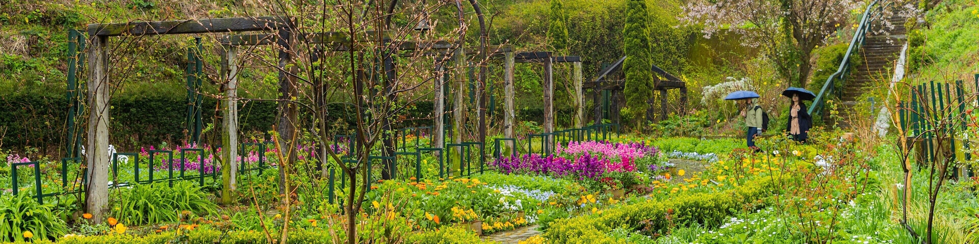Um jardim exuberante com diversas plantas floridas, uma pérgola de madeira e um caminho de pedra.
