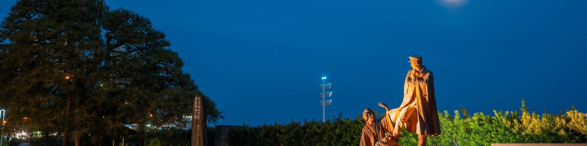Omiya’s Pinetree / Statue of Kanichi and Omiya showing a statue or sculpture and night scenes