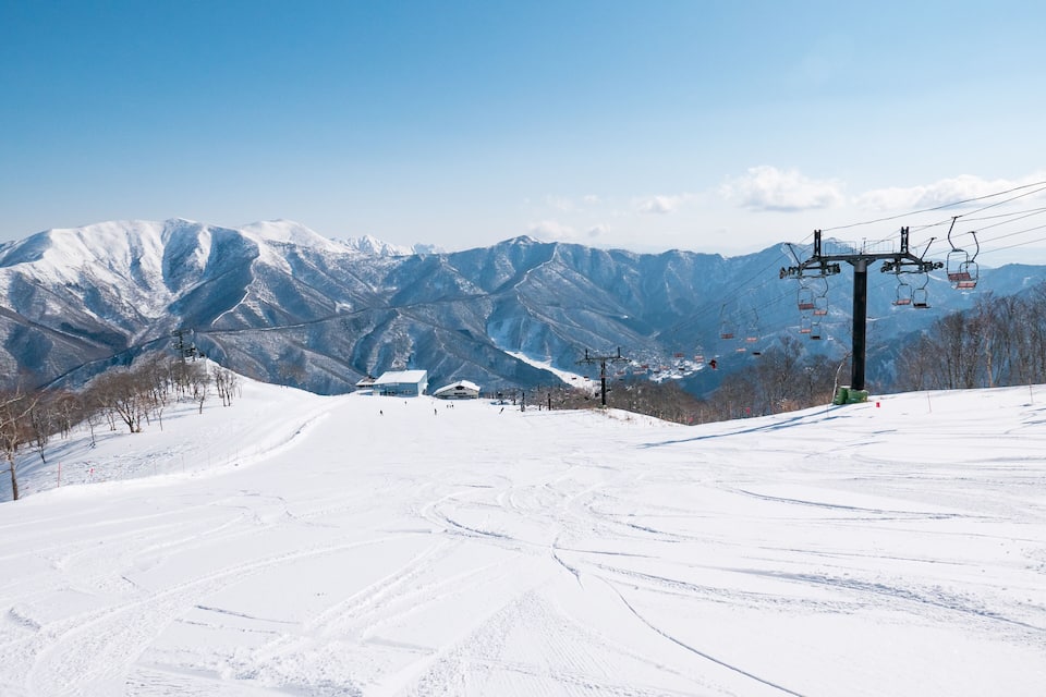 Pista de esqui coberta de neve, com teleféricos, montanhas ao fundo e céu limpo.