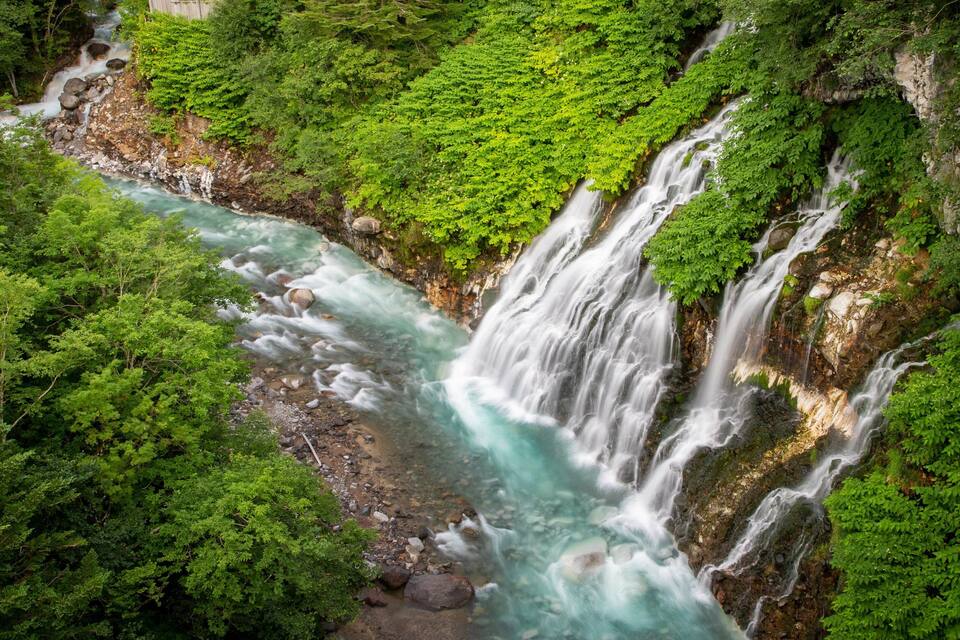 Uma cascata desce por um penhasco rochoso, rodeada por uma floresta verde exuberante.
