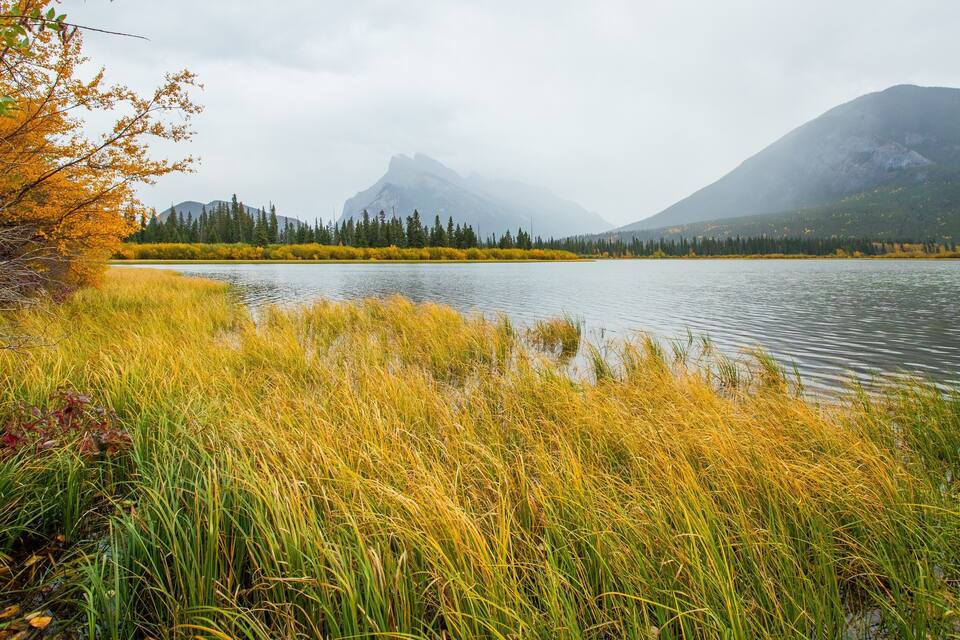 Um lago rodeado por folhagem outonal e montanhas.