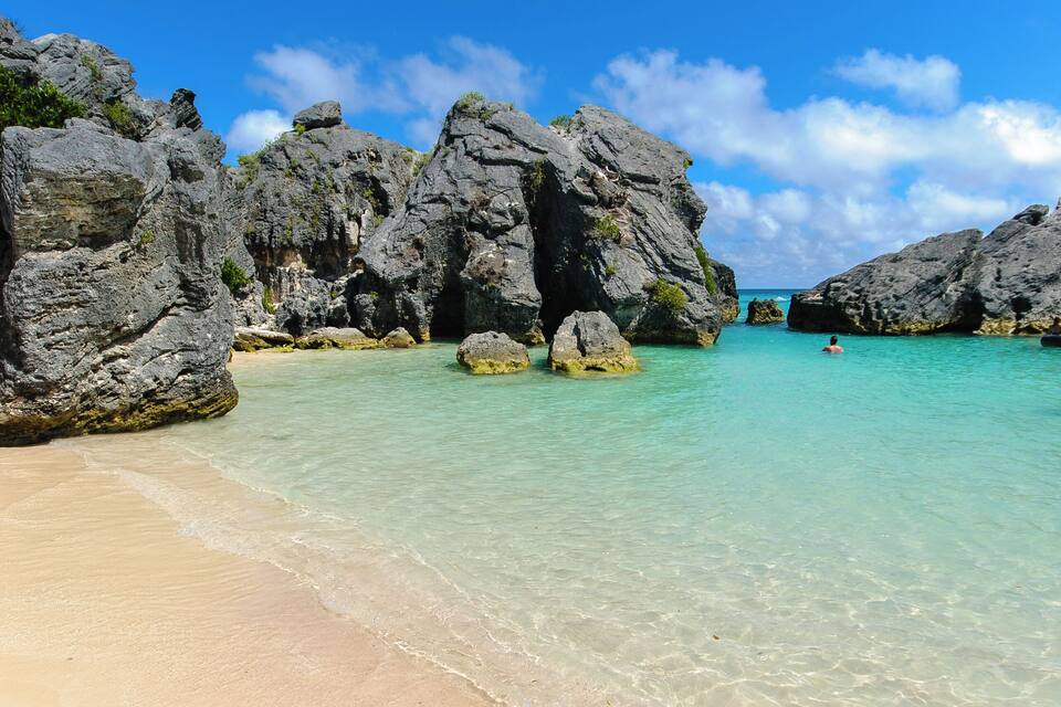 Um mar azul-turquesa transparente, formações rochosas e uma praia de areia.