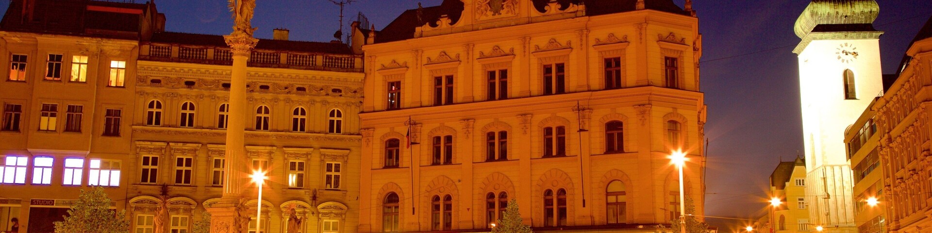 Brno which includes a city, night scenes and a square or plaza