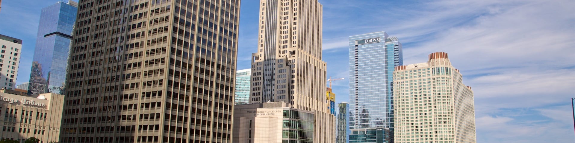 Chicago Riverwalk que inclui um arranha-céu, uma cidade e uma balsa