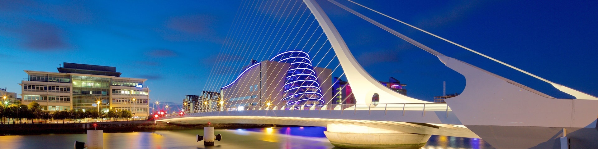 Samuel Beckett Bridge featuring modern architecture, a bridge and a river or creek