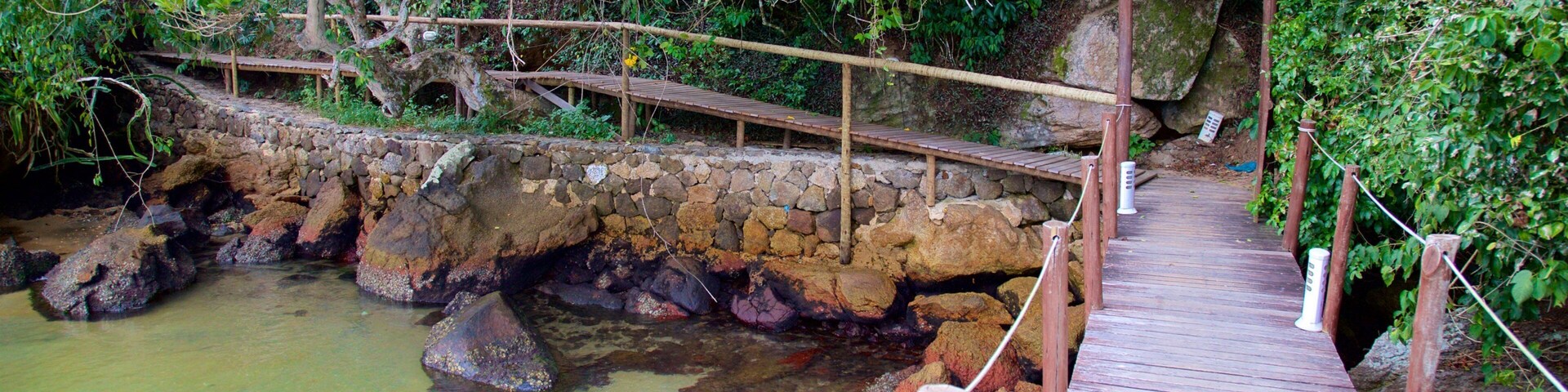 Praia da Crena que inclui uma ponte e um rio ou córrego