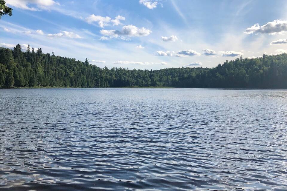 Um lago calmo com margens arborizadas sob um céu parcialmente nublado.