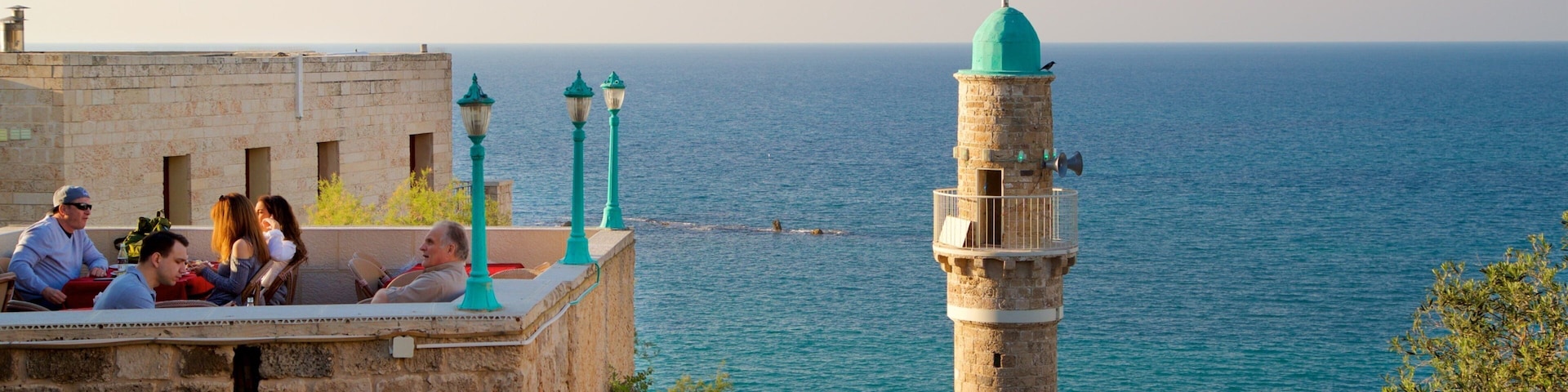 Sea Mosque showing a sunset, heritage elements and general coastal views