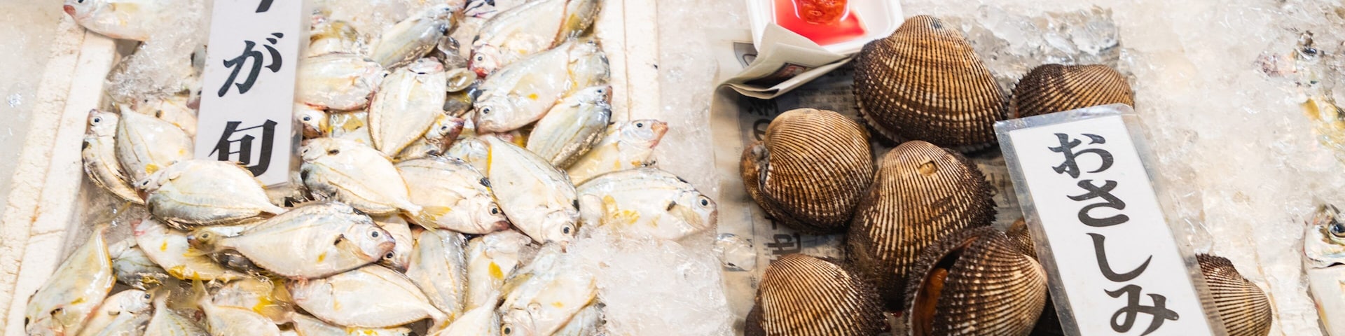 Um mercado de frutos do mar com peixes e mariscos sobre gelo.