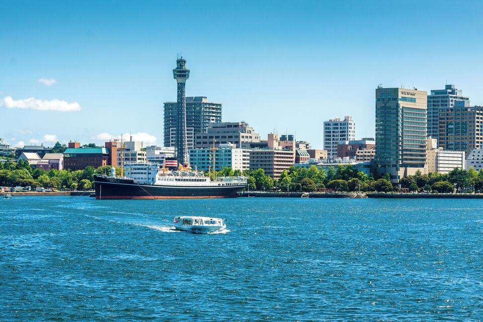 Um grande navio de cruzeiro em um rio, com um horizonte urbano ao fundo.