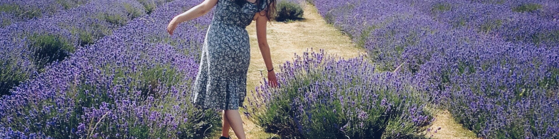 Mulher caminhando por um campo de lavanda com uma trilha.
