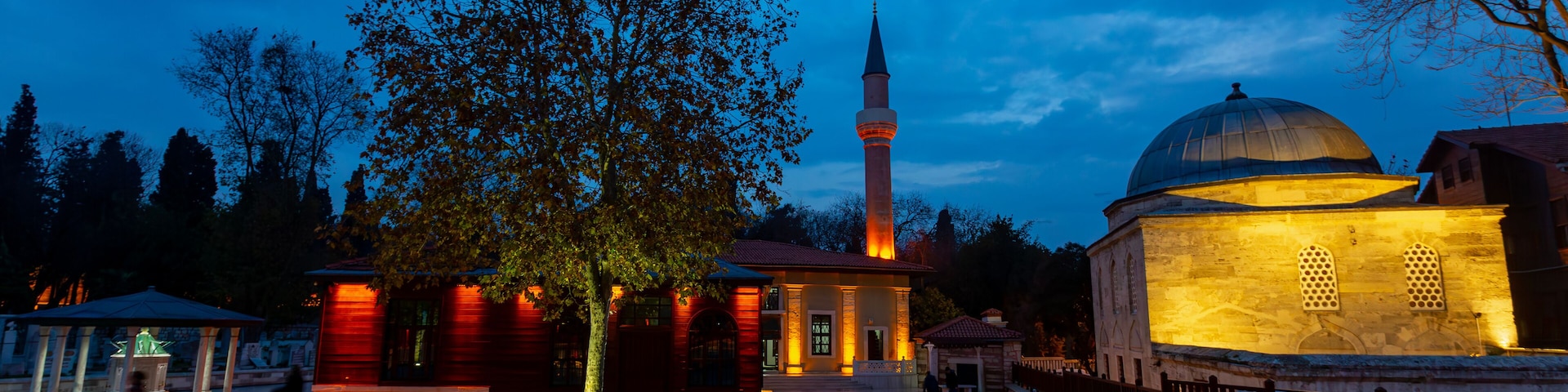 Uma mesquita com minarete e cúpula, cercada por um pátio de mármore refletor e uma grande árvore.