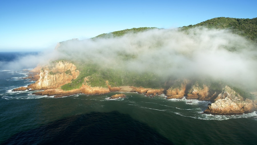 Knysna mostrando litoral acidentado, paisagem e neblina