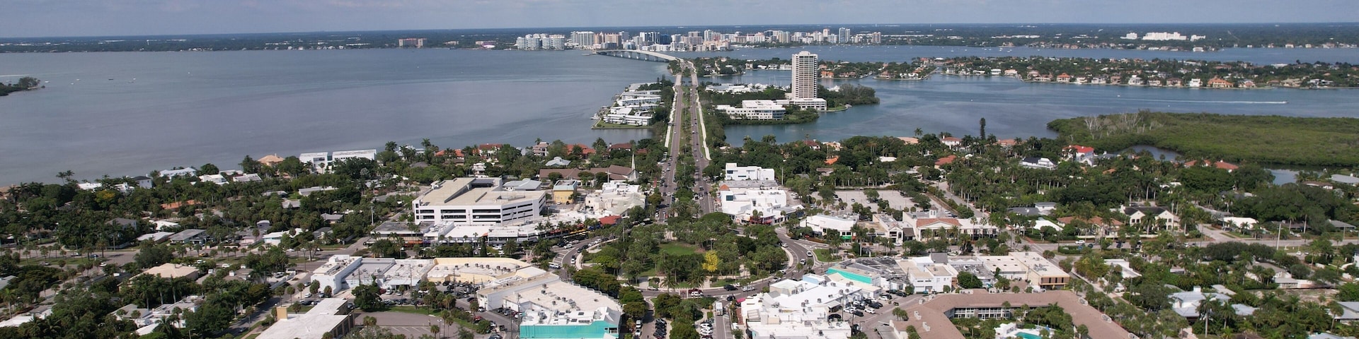 Paisagem costeira urbana com uma ponte imponente, intensa construção e um porto de iates.