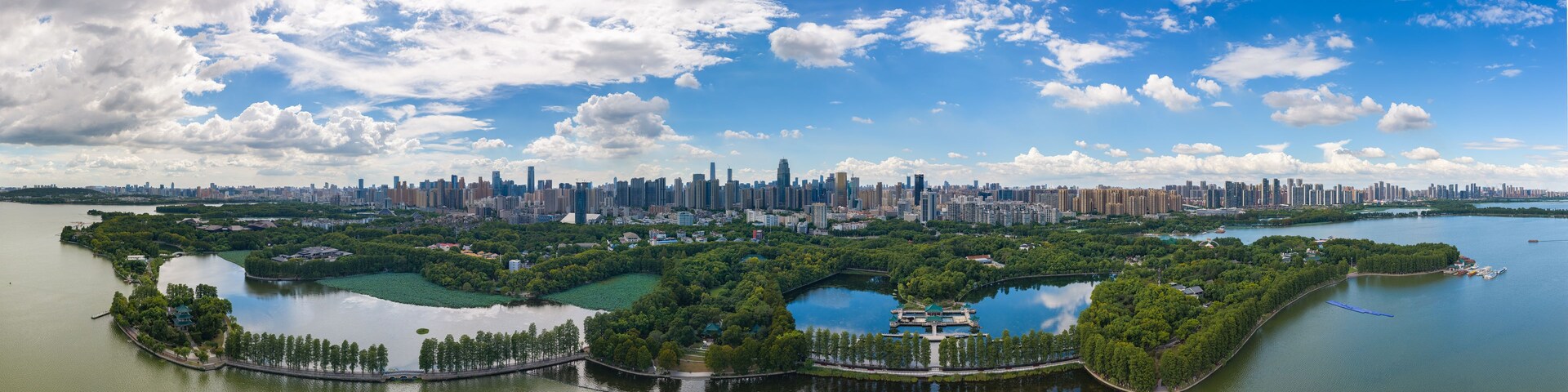 Linha do horizonte urbana com rio e áreas verdes.
