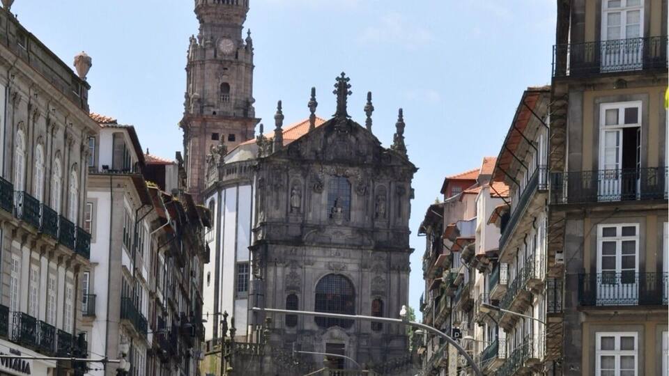 Clerigos Tower from the bottom of the hill at Praca de Liberdade.
