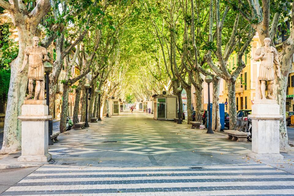 Rua arborizada com estátuas e bancos.