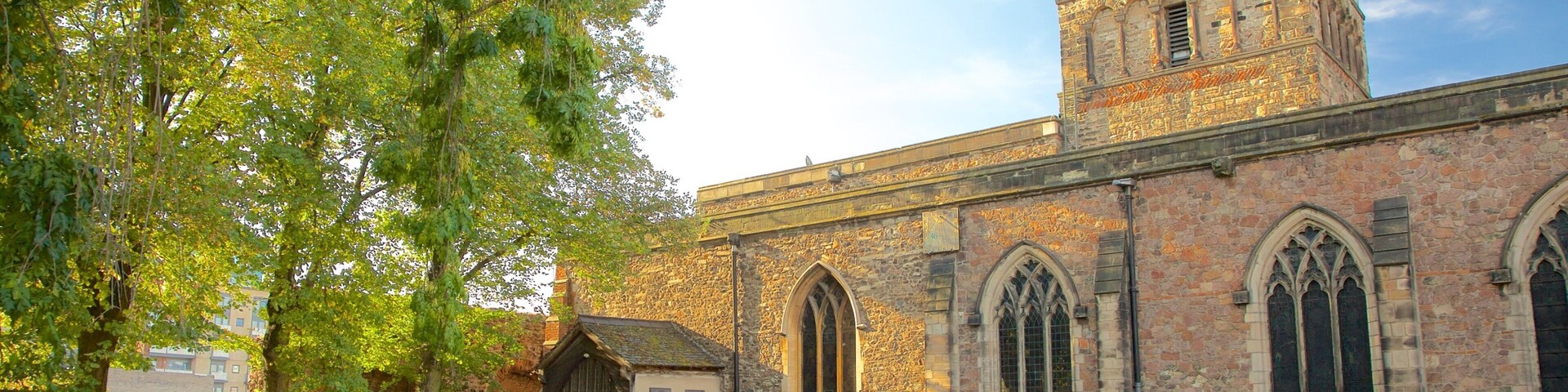 Leicester mostrando uma igreja ou catedral, um cemitério e elementos de patrimônio