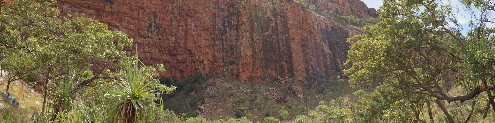 Paisagem acidentada com um imponente penhasco avermelhado, vegetação verde e um pequeno riacho.