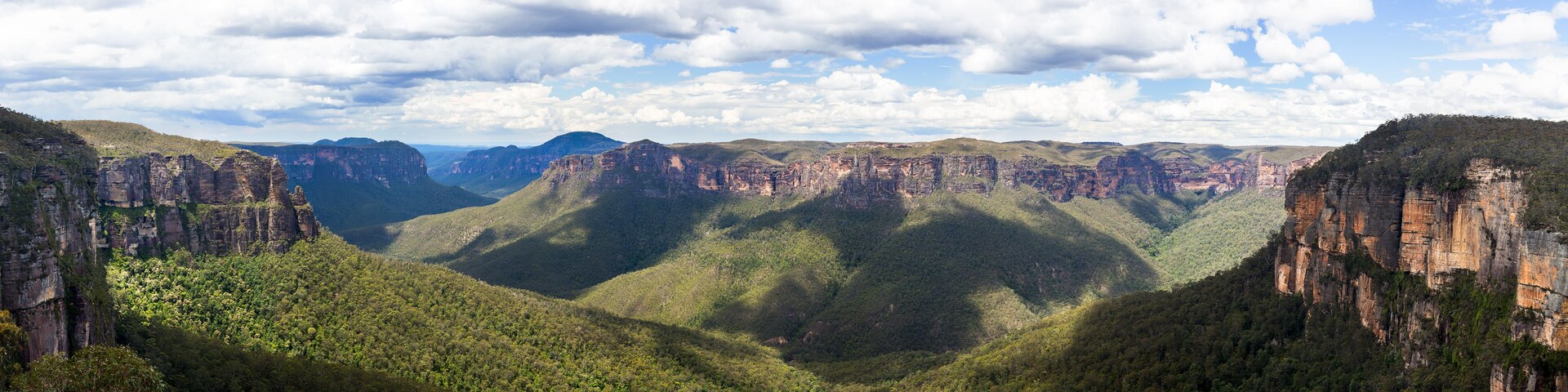 Paisagem de cânion com penhascos íngremes e vegetação verde densa.