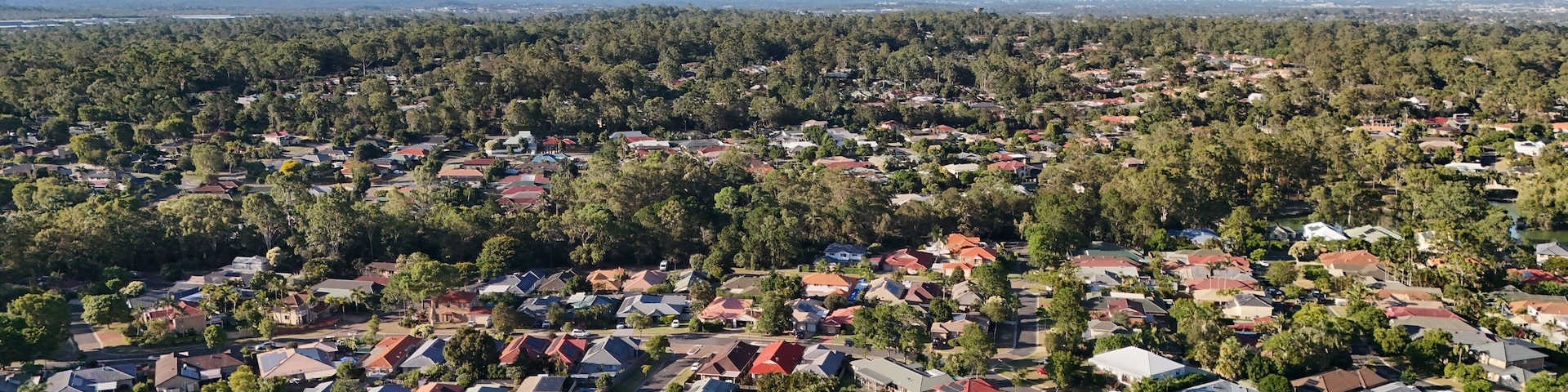 Área residencial com casas, árvores e montanhas ao longe sob um céu claro.